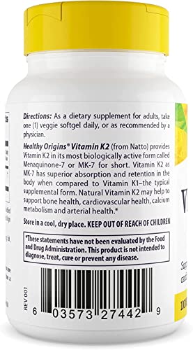 Healthy Origins Vitamin K2 100 mcg (MK-7, Non-GMO, Gluten Free, Cardiovascaular Support, Bone Support), 60 Veggie Gels