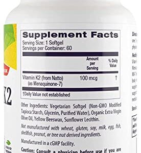 Healthy Origins Vitamin K2 100 mcg (MK-7, Non-GMO, Gluten Free, Cardiovascaular Support, Bone Support), 60 Veggie Gels