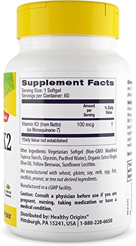 Healthy Origins Vitamin K2 100 mcg (MK-7, Non-GMO, Gluten Free, Cardiovascaular Support, Bone Support), 60 Veggie Gels