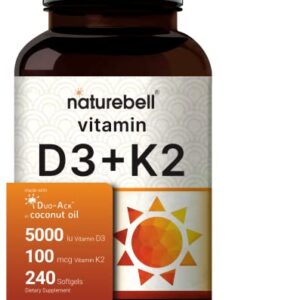 NatureBell Vitamin D3 K2 (MK7) with Virgin Coconut Oil, 240 Softgels, Vitamin D3 5000 IU & K2 MK7 100mcg, 2 in 1 Support, Duo-Ack | 8 Months Supply | Third Party Tested, Non GMO & No Gluten