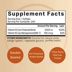 NatureBell Vitamin D3 K2 (MK7) with Virgin Coconut Oil, 240 Softgels, Vitamin D3 5000 IU & K2 MK7 100mcg, 2 in 1 Support, Duo-Ack | 8 Months Supply | Third Party Tested, Non GMO & No Gluten