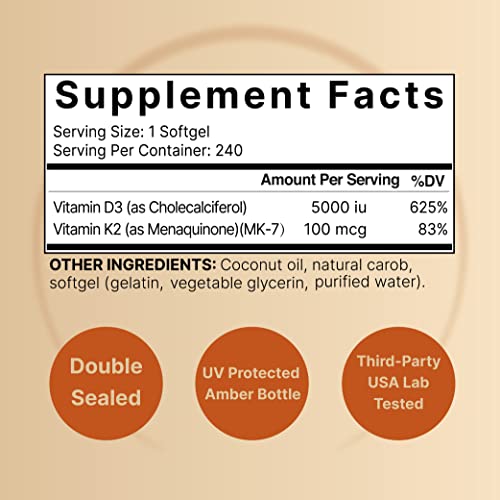 NatureBell Vitamin D3 K2 (MK7) with Virgin Coconut Oil, 240 Softgels, Vitamin D3 5000 IU & K2 MK7 100mcg, 2 in 1 Support, Duo-Ack | 8 Months Supply | Third Party Tested, Non GMO & No Gluten