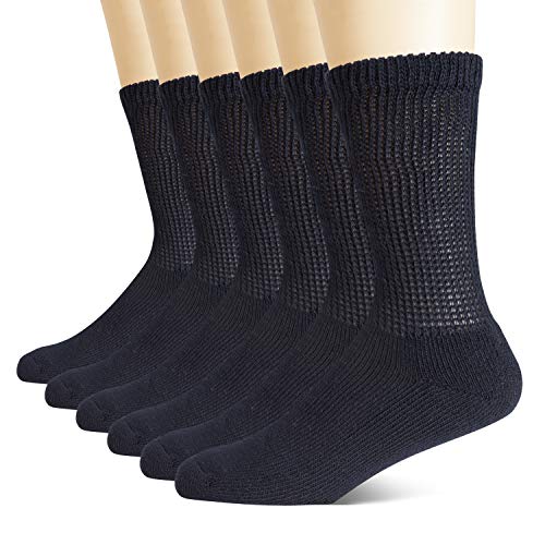 +MD Non-Binding Diabetic Socks for Men Women-6 Pairs Medical Circulatory Crew Socks with Cushion Sole Black 13-15