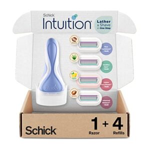 schick intuition razors for women variety pack with 1 razor handle & 4 intuition razor blades refill | shaving kit women, girls shaving kit beginners, razor gift set for women, razor starter kit