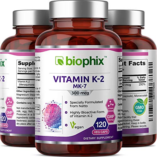 biophix Vitamin K2 MK-7 - 300 mcg 120 Vcaps - High-Potency Supports Strong Bones Immune Health and D-3