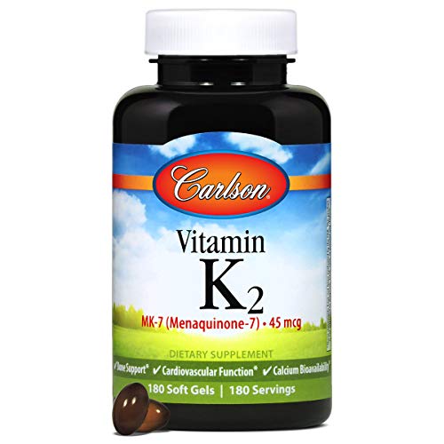 Carlson - Vitamin K2 MK-7 (Menaquinone), 45 mcg, Bone Support, Circulation Function & Calcium Bioavailability, 180 Softgels