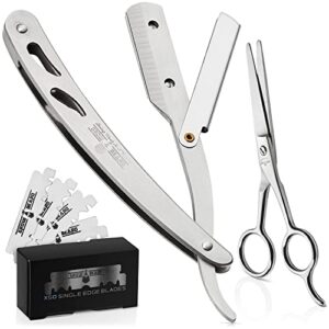 straight razor, complete straight razors for men kit with 50 single blade razors for men and scissors, barber supplies, straight edge razor, professional barber razor blade (silver)