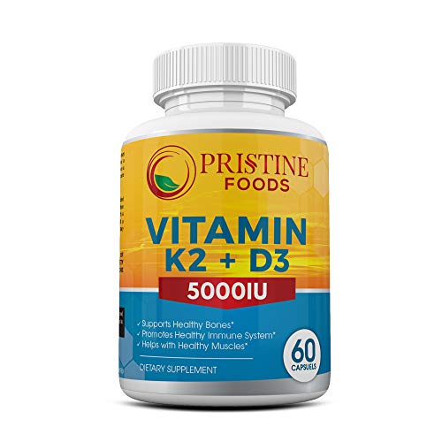 Pristine Foods Vitamin K2 (MK7) with D3 Ultra Premium 2 in 1 Support Complex with BioPerine (Black Pepper) | 60 Veggie Capsules | 5000 IU D3 Cholecalciferol, 100mcg K2 | Heart, Bone and Immune Health