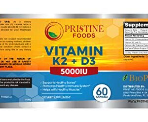 Pristine Foods Vitamin K2 (MK7) with D3 Ultra Premium 2 in 1 Support Complex with BioPerine (Black Pepper) | 60 Veggie Capsules | 5000 IU D3 Cholecalciferol, 100mcg K2 | Heart, Bone and Immune Health