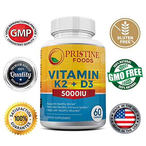 Pristine Foods Vitamin K2 (MK7) with D3 Ultra Premium 2 in 1 Support Complex with BioPerine (Black Pepper) | 60 Veggie Capsules | 5000 IU D3 Cholecalciferol, 100mcg K2 | Heart, Bone and Immune Health