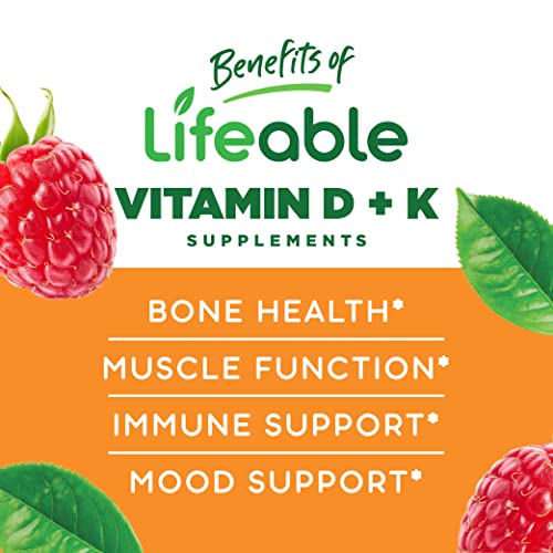 Lifeable Vitamin D3 + K2 - Great Tasting Natural Flavor Gummy Supplement Vitamins - Gluten Free Vegetarian and Non-GMO Chewable - for Strong and Healthy Bones - 60 Gummies (Adults)