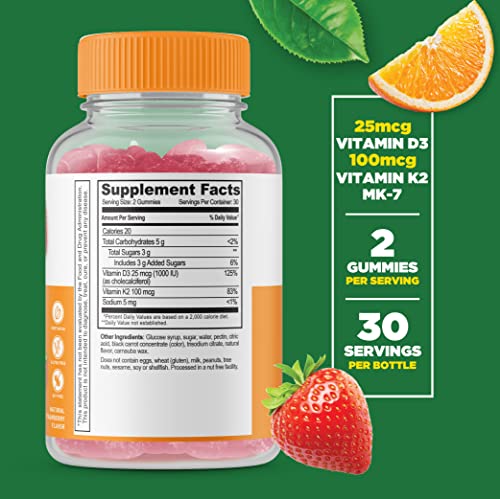 Lifeable Vitamin D3 + K2 - Great Tasting Natural Flavor Gummy Supplement Vitamins - Gluten Free Vegetarian and Non-GMO Chewable - for Strong and Healthy Bones - 60 Gummies (Adults)