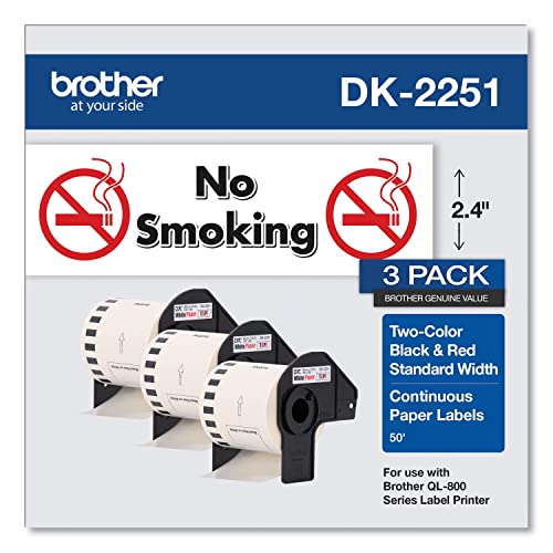 Brother Genuine DK-22513PK Continuous Length Replacement Labels, Black/Red Label on White Paper Tape, Engineered with Excellence, 2.4â€ x 50 feet, (3) Rolls per Box (DK22513PK)