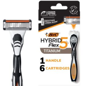 bic flex 5 hybrid disposable razors for men, 1 handle and 6 cartridges with 5 blades, 7 piece razor set for men