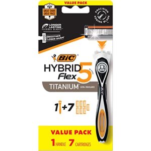 bic hybrid flex 5 titanium 5 blade disposable razors for men, for a smooth and comfortable shave, 1 handle and 7 cartridges, 8 piece razor set