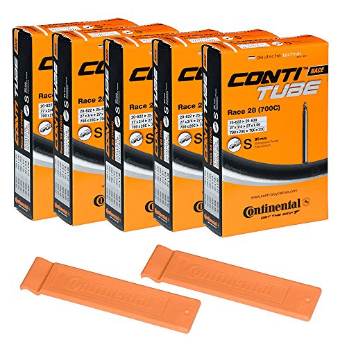 Continental Bicycle Tubes Race 28 700x20-25 S80 Presta Valve 80mm Bike Tube Super Value Bundle (Pack of 5 Conti Tubes & 2 Conti Race tire Lever)