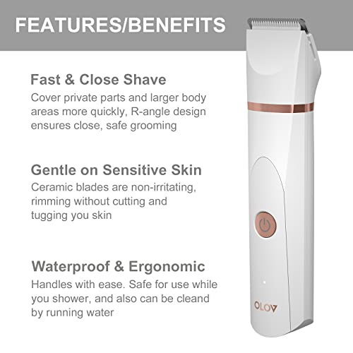 OLOV Bikini Trimmer Women - Wet/Dry Body Shaver Groomer, Replaceable Ceramic Blade Heads, USB Recharge Dock & Nosetrimmer Head Heads, Waterproof Hygiene Razor, White