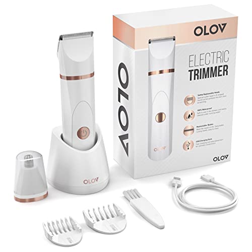 OLOV Bikini Trimmer Women - Wet/Dry Body Shaver Groomer, Replaceable Ceramic Blade Heads, USB Recharge Dock & Nosetrimmer Head Heads, Waterproof Hygiene Razor, White