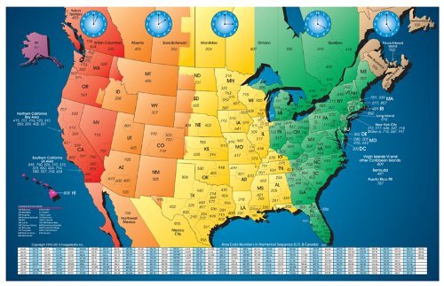 ImageAbility North America Laminated Gloss Time Zone Area Code Map with Reverse Lookup, Large Wall Size 24 by 36 Inches