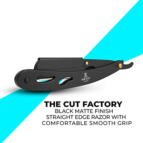 The Cut- Factory- Straight Razor with 100 Pack Platinum Treat Single Blade Razors for Men- Professional Barber Straight Edge Razor for Close Shaving 100 Percent Stainless Steel-Black