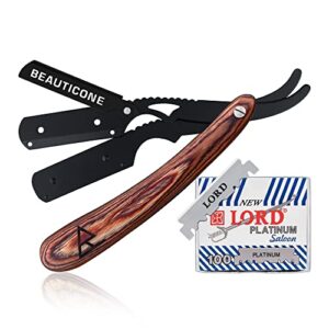 beauticone straight razor for men, professional brown wooden razor with black blade barber razor with 100 single edge blades, straight edge single blade razors