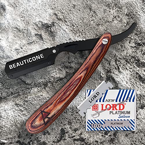 BEAUTICONE Straight Razor for Men, Professional Brown Wooden Razor with Black Blade Barber Razor with 100 Single Edge Blades, Straight Edge Single Blade Razors