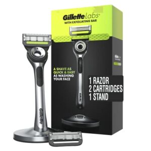 gillette mens razor with exfoliating bar by gillettelabs, shaving kit for men, includes 1 handle, 2 razor blade refills, 1 premium magnetic stand