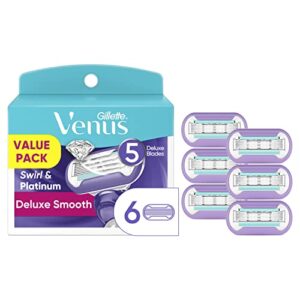 gillette venus deluxe smooth swirl womens razor blade refills, 6 count, moisture ribbon to protect against irritation (pack of 1)