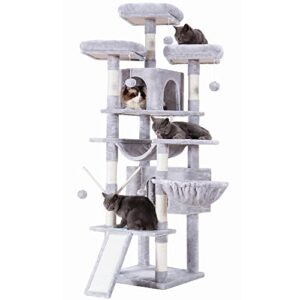 hey-brother cat tree, 71 inches xl large cat tower for indoor cats, multi-level cat house with 3 padded perches, big scratcher, cozy basket, 2 cat condos and scratching posts, light gray mpj034w