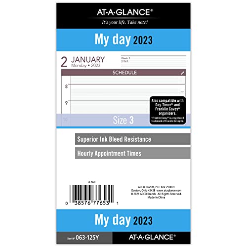 AT-A-GLANCE 2023 Daily Planner Refill, Hourly, 3-3/4" x 6-3/4", Size 3, Portable Size, One Page Per Day, Loose Leaf (063-125Y)