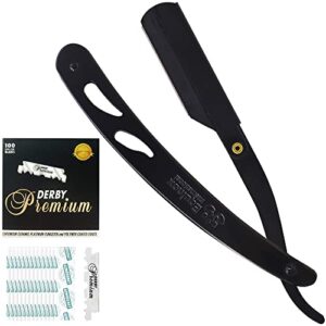 equinox professional straight edge razor with 100 single derby straight razor blades-barber straight razor-close shaving men’s manual shaver-disposable straight razor blades-straight razor kit-black