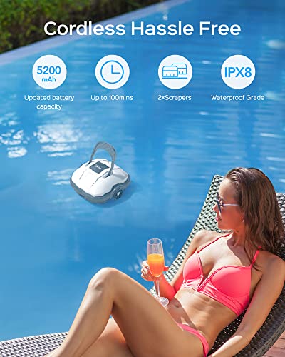 WYBOT Cordless Pool Vacuum, Robotic Pool Cleaner, with Updated Battery Up to 100Mins Runtime, Strong Suction, IPX8 Waterproof, Automatic Vacuum for Above Flat Bottomed Pools Up to 861 Sq.Ft