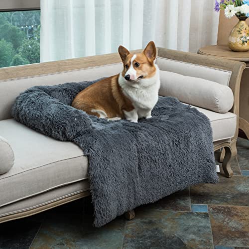 Coohom Calming Dog Bed Pet Couch Protector Dog Cat Bed Mats for Furniture with Removable Washable Cover,Plush Sofa Cover Cushion with Soft Neck Bolster (Medium 36", Grey)