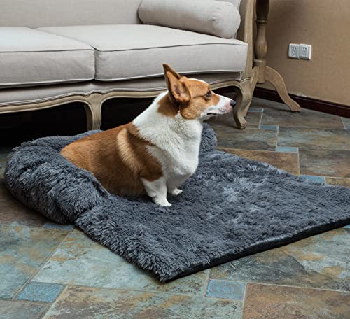 Coohom Calming Dog Bed Pet Couch Protector Dog Cat Bed Mats for Furniture with Removable Washable Cover,Plush Sofa Cover Cushion with Soft Neck Bolster (Medium 36", Grey)