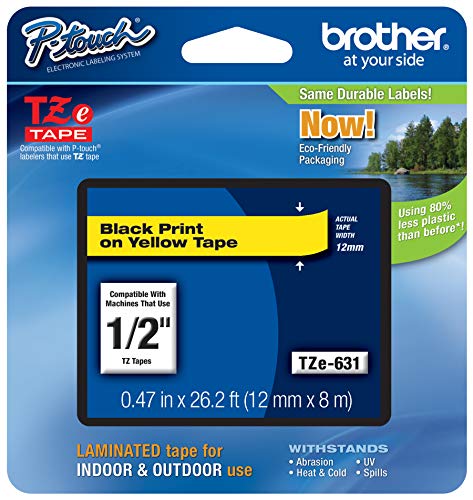 Brother Genuine P-touch TZE-631 Tape, 1/2" (0.47") Standard Laminated P-touch Tape, Black on Yellow, Laminated for Indoor or Outdoor Use, Water Resistant, 26.2 Feet (8M), Single-Pack