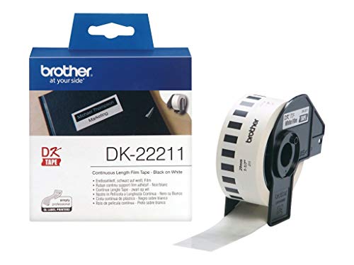 Brother DK-22211 Label Roll, Continuous Length Film, Black on White, Single Label Roll, 29mm (W) x 15.24M (L), Brother Genuine Supplies