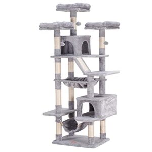 Heybly Cat Tree 73 inches XXL Large Cat Tower for Indoor Cats ,Multi-Level Cat Furniture Condo for Large Cats with Padded Plush Perch, Cozy Basket and Scratching Posts Light Gray HCT030W