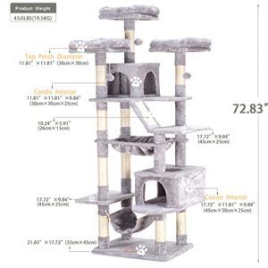 Heybly Cat Tree 73 inches XXL Large Cat Tower for Indoor Cats ,Multi-Level Cat Furniture Condo for Large Cats with Padded Plush Perch, Cozy Basket and Scratching Posts Light Gray HCT030W