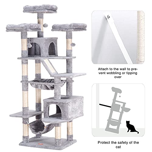 Heybly Cat Tree 73 inches XXL Large Cat Tower for Indoor Cats ,Multi-Level Cat Furniture Condo for Large Cats with Padded Plush Perch, Cozy Basket and Scratching Posts Light Gray HCT030W