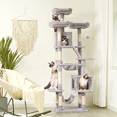 Heybly Cat Tree 73 inches XXL Large Cat Tower for Indoor Cats ,Multi-Level Cat Furniture Condo for Large Cats with Padded Plush Perch, Cozy Basket and Scratching Posts Light Gray HCT030W