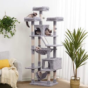 Heybly Cat Tree 73 inches XXL Large Cat Tower for Indoor Cats ,Multi-Level Cat Furniture Condo for Large Cats with Padded Plush Perch, Cozy Basket and Scratching Posts Light Gray HCT030W