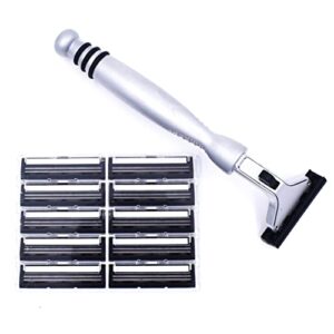 all metal heavyweight chrome atra compatible twin blade razor & 10 personna pivot plus blades