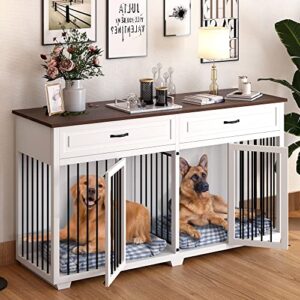 jinlly large dog crate furniture, 72.4″ wooden dog crate kennel with 2 drawers and divider, xxl heavy duty dog crates cage furniture for large dog or 2 medium dogs indoor, white