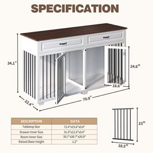 JINLLY Large Dog Crate Furniture, 72.4" Wooden Dog Crate Kennel with 2 Drawers and Divider, XXL Heavy Duty Dog Crates Cage Furniture for Large Dog or 2 Medium Dogs Indoor, White