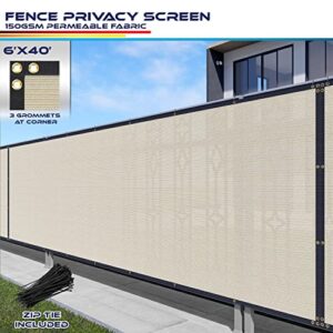 Windscreen4less Heavy Duty Fence Privacy Screen Beige 6' x 40' with Reinforced Bindings and Brass Grommets Garden Windscreen Mesh Net for Outdoor Yard-Cable Zip Ties Included