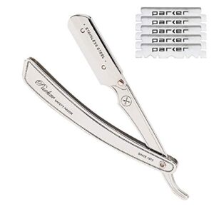 parker srx 100% stainless steel straight edge professional barber razor & 5 parker premium half blades