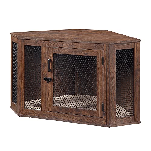 unipaws Furniture Corner Dog Crate with Cushion, Dog Kennel with Wood and Mesh, Dog House, Pet Crate Indoor Use, Walnut, Medium