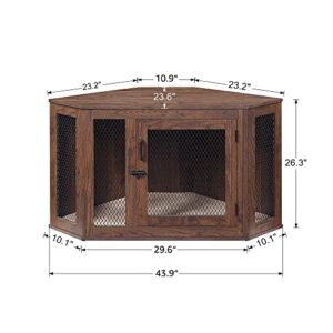 unipaws Furniture Corner Dog Crate with Cushion, Dog Kennel with Wood and Mesh, Dog House, Pet Crate Indoor Use, Walnut, Medium