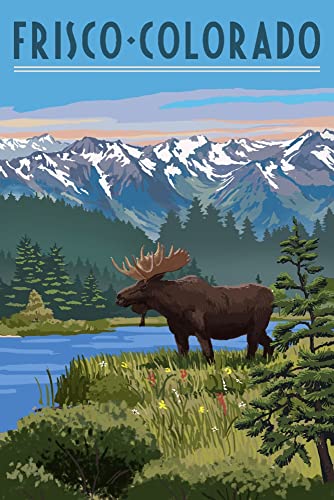 Frisco, Colorado, Moose, Summer Scene (24x36 Giclee Fine Art Print, Recycled Wood Frame, Espresso Brown)