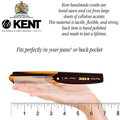 Kent 82T 4" Handmade Folding Pocket Comb for Men, Fine Tooth Hair Comb Straightener for Everyday Grooming Styling Hair, Beard or Mustache, Use Dry or with Balms, Saw Cut Hand Polished, Made in England